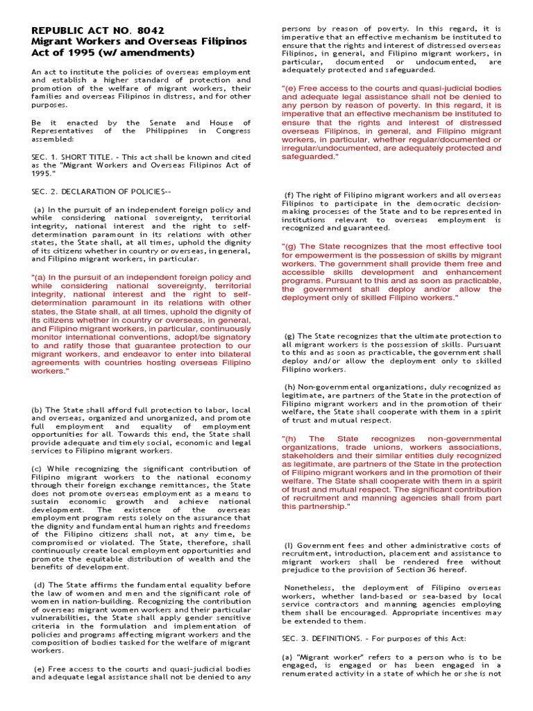Republic Act No. 8042 Migrant Workers and Overseas Filipinos Act of ...