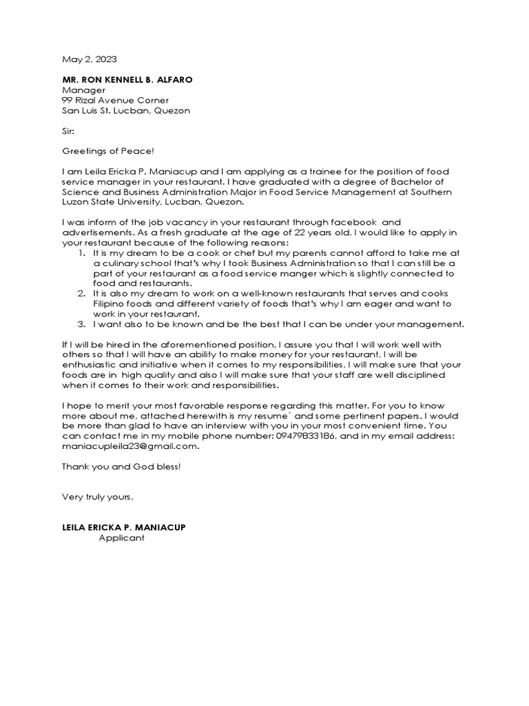 Application Letter | PDF | Restaurant And Catering | Foods