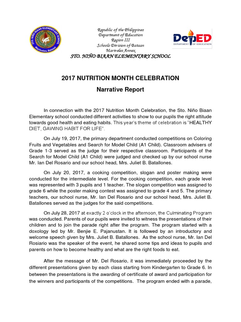 2017 Nutrition Month Celebration Narrative Report | PDF | Nutrition ...
