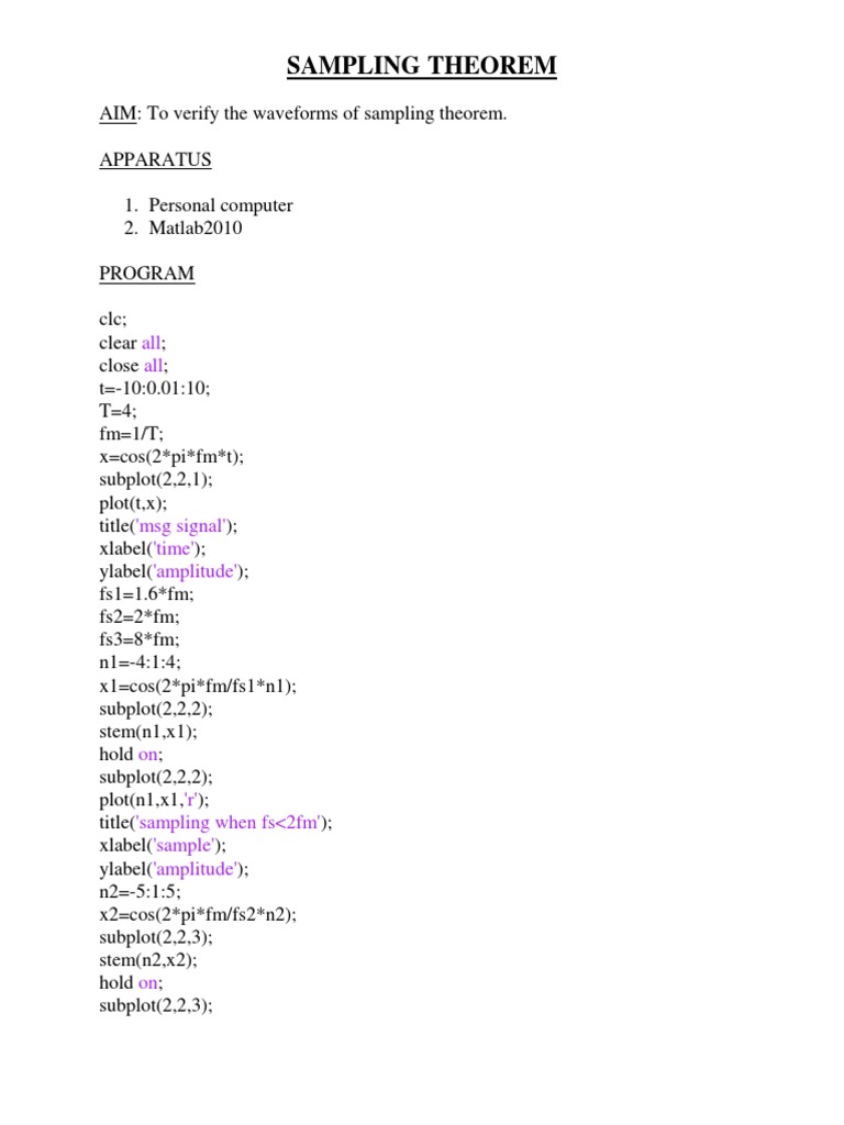 4.sampling Theorem Matlab Program | PDF