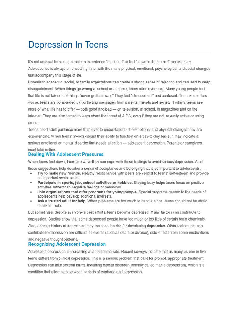 Depression in Teens: Dealing With Adolescent Pressures | PDF ...