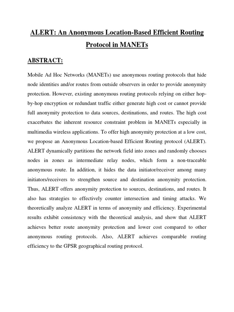 ALERT An Anonymous Location Based Efficient Routing Protocol in MANETs | PDF | Routing | Anonymity