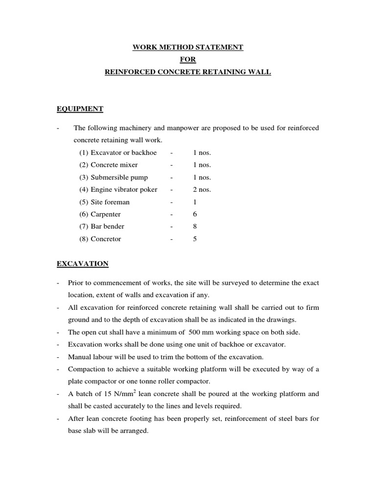 Work Method Statement FOR Reinforced Concrete Retaining Wall | PDF ...