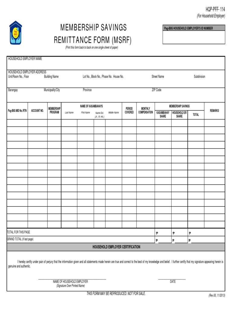 Membership Savings Remittance Form (MSRF, HQP-PFF-114, V01) (1 ...