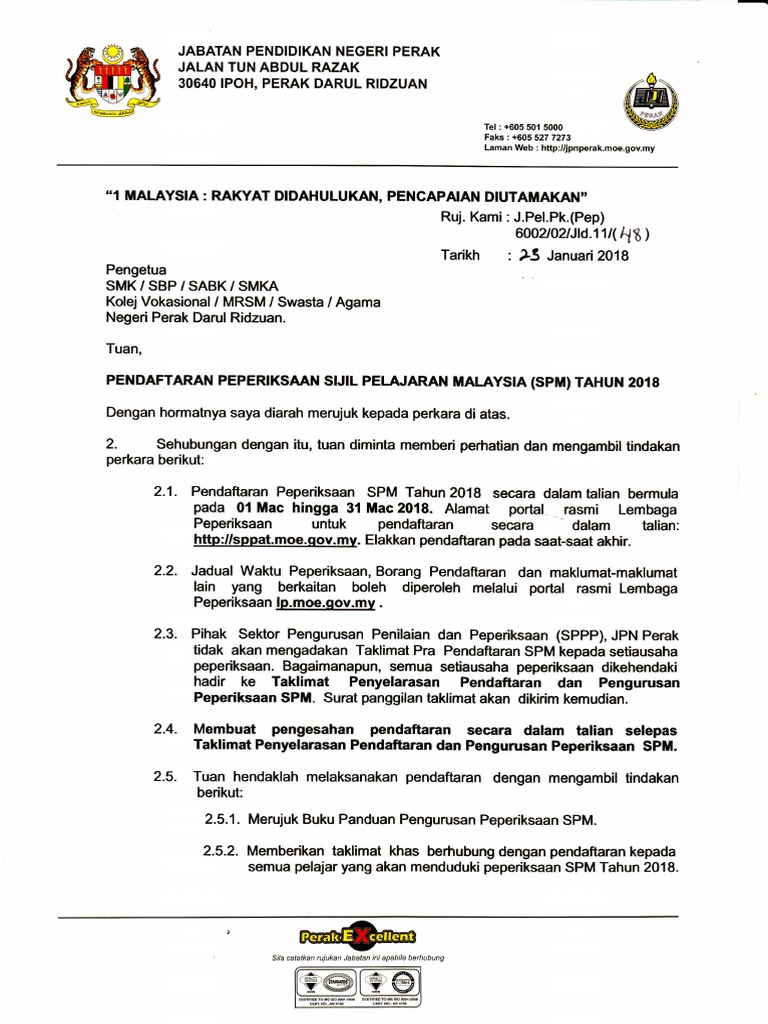 Surat Pendaftaran Peperiksaan SPM 2018
