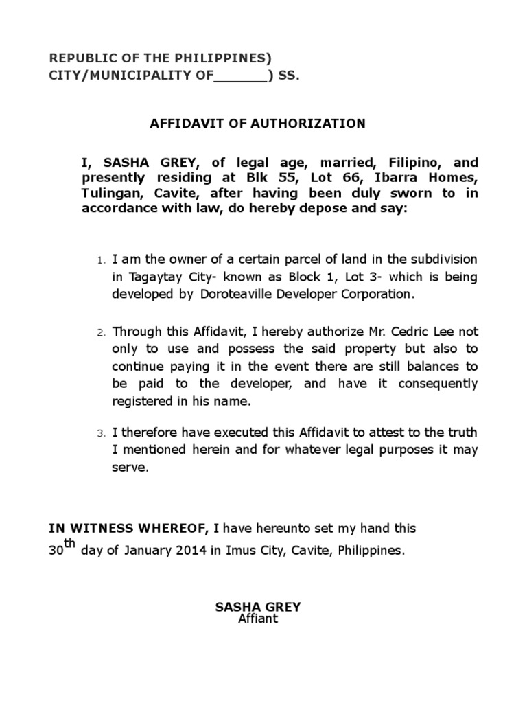 Affidavit of Authorization