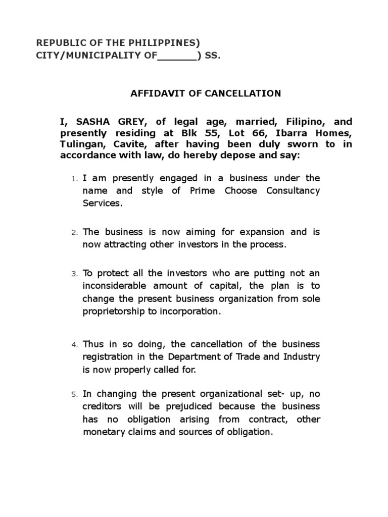 Affidavit for the Cancellation of Business Registration Due to Change ...