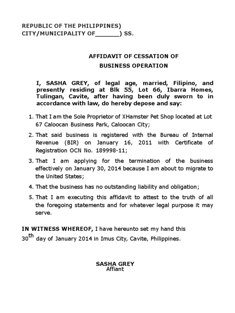 Affidavit of Cessation of Business Operations | PDF