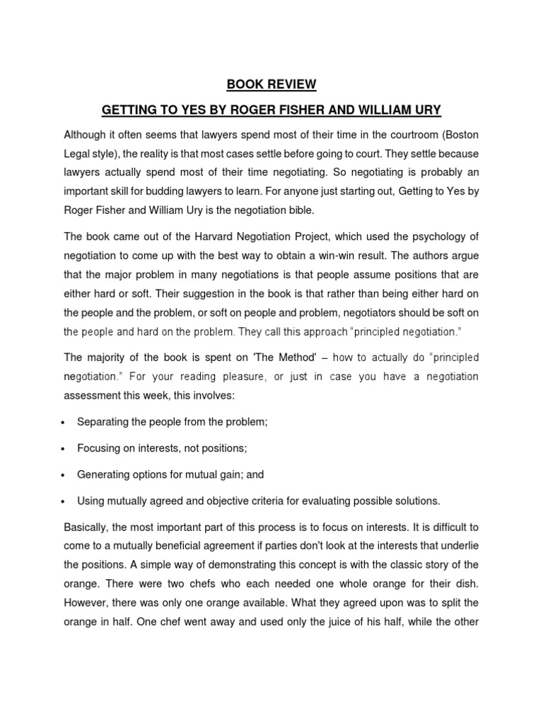 Book Review Getting To Yes by Roger Fisher and William Ury | PDF ...