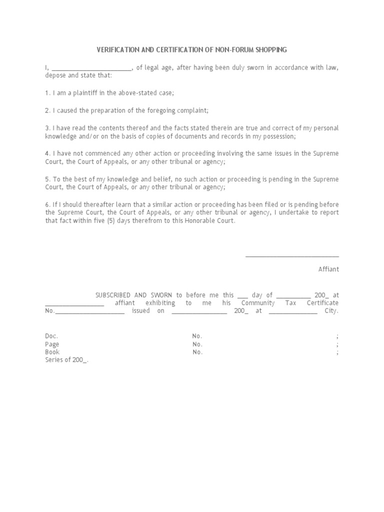 Non-Forum Shopping Certification Document | PDF | Law
