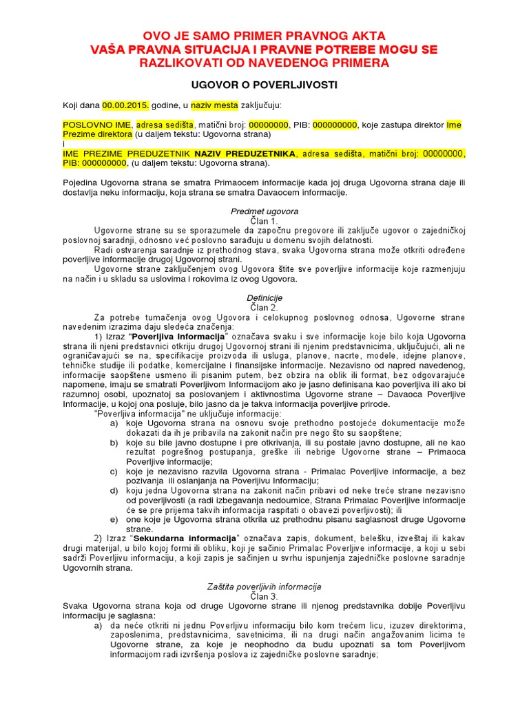 Primer Ugovora o Poverljivosti | PDF