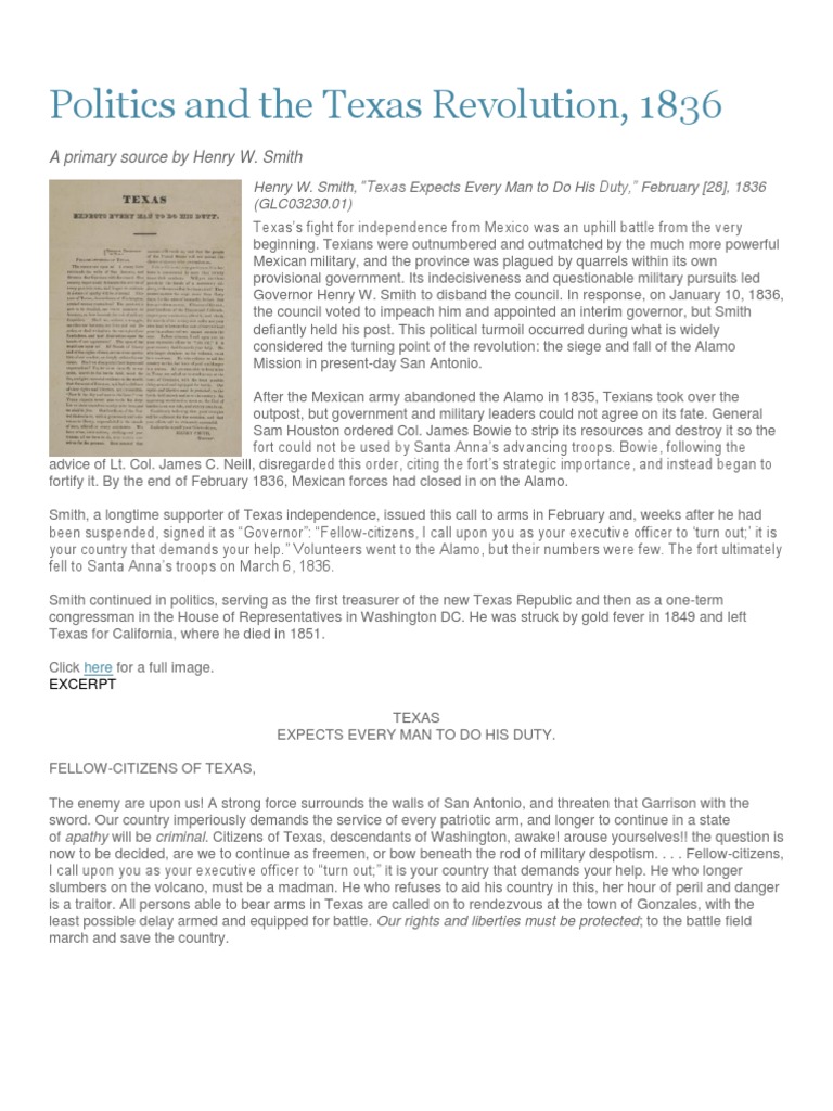1836-Politics and The Texas Revolution | PDF | Battle Of The Alamo ...