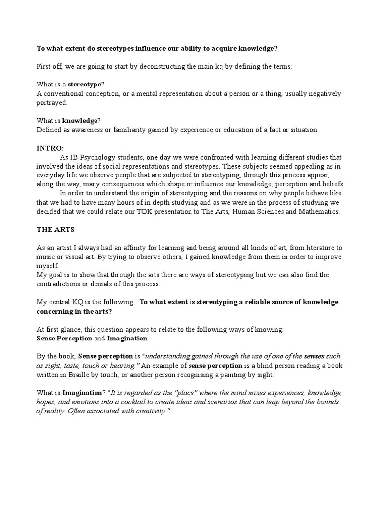 Tok Presentation Arts Stereotypes | PDF | Stereotypes | Perception