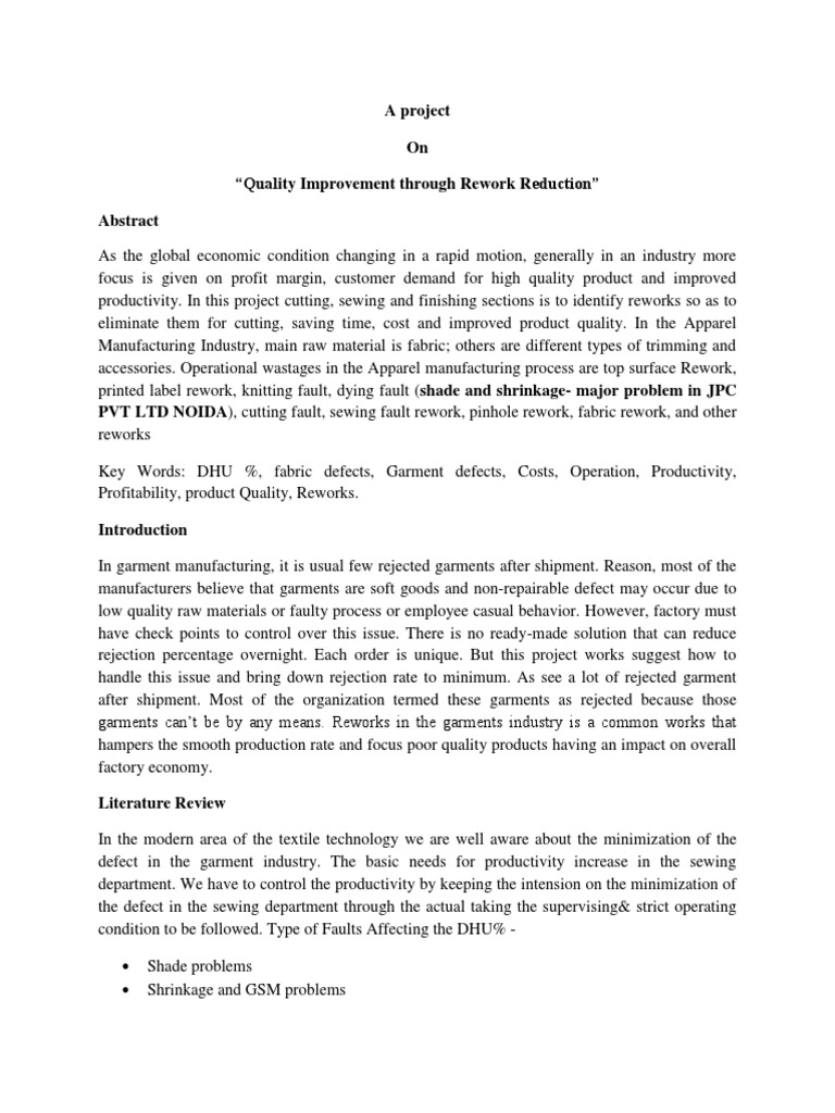 A Project On "Quality Improvement Through Rework Reduction" | PDF ...