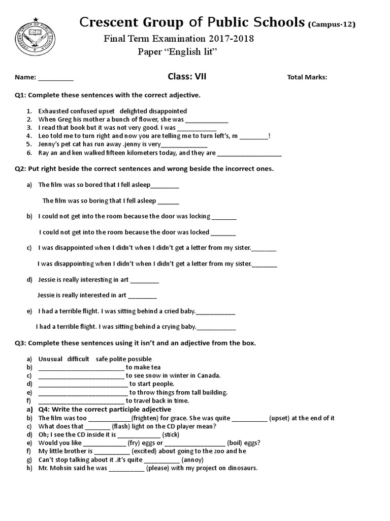 English Literature Exam Paper for Class VII | PDF | Verb | Language ...