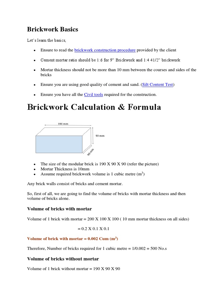 Brickwork Calculation & Formula | Download Free PDF | Mortar (Masonry ...