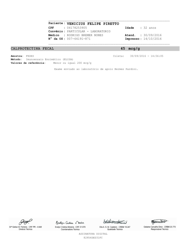 Resultado de exame de calprotectina fecal de paciente atendido pelo Dr ...