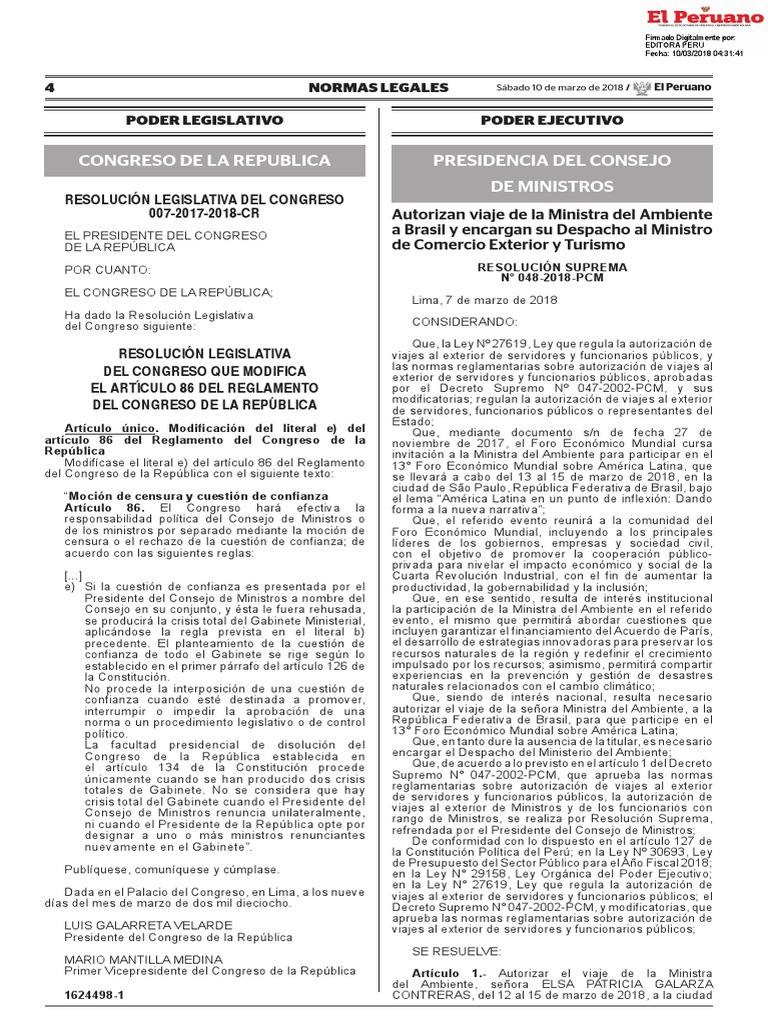 Resolución Legislativa del Congreso que modifica el Artículo 86 del ...