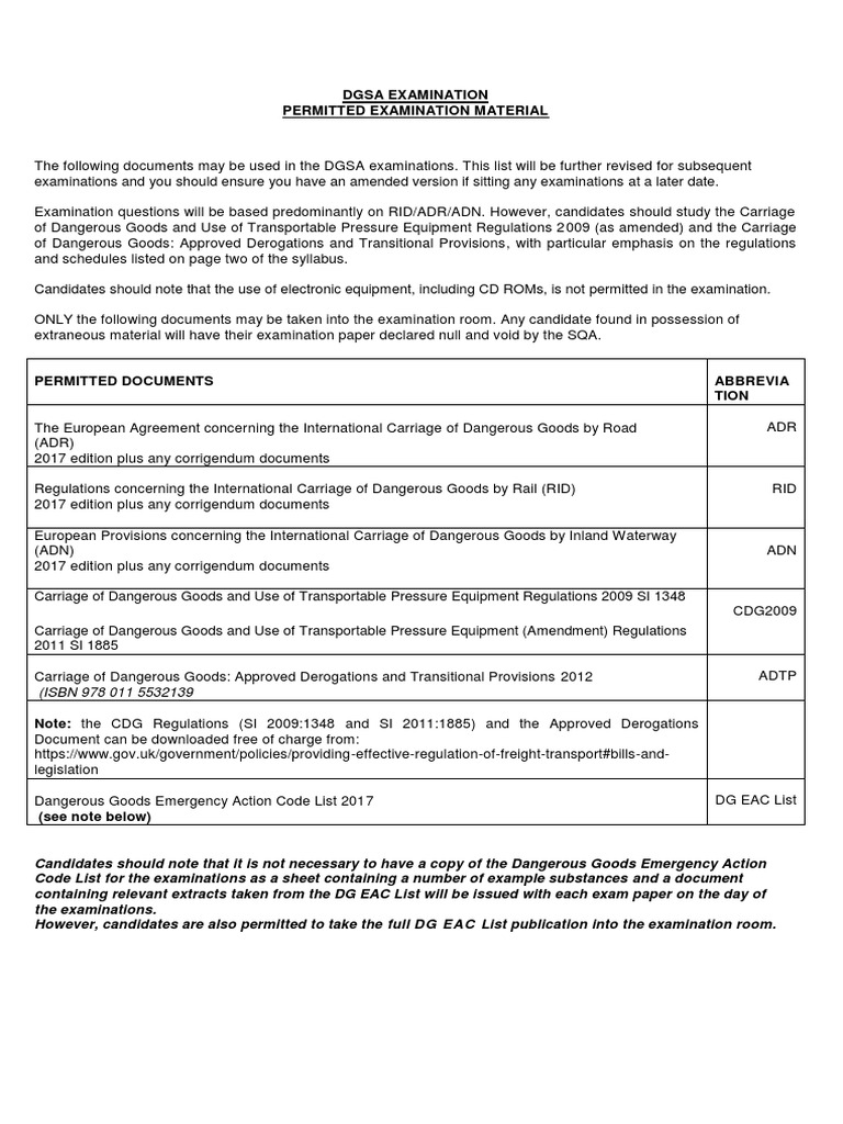 DGSA Examination Permitted Materials Guide | PDF | Dangerous Goods ...