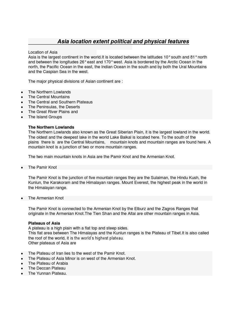 Asia Location Extent Political and Physical Features | PDF | Himalayas ...