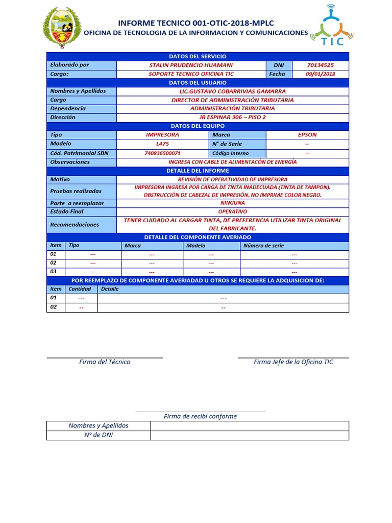 Modelo de INFORMES TÉCNICOS Informática 2018 | PDF