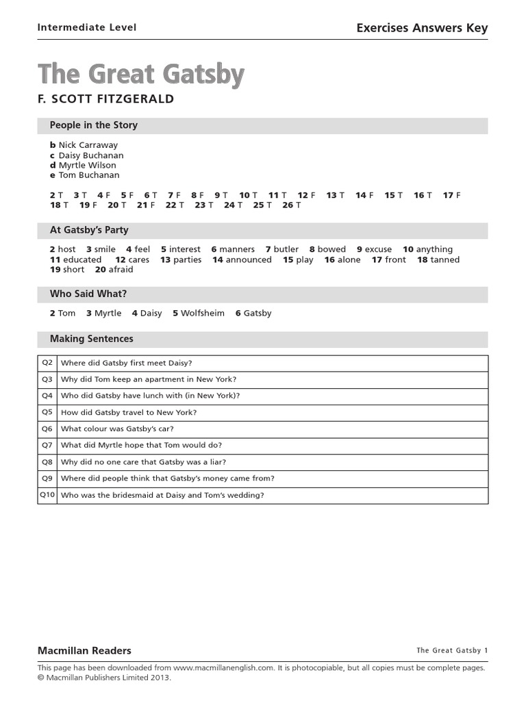 Great Gatsby Exercises Answers Key | PDF | The Great Gatsby
