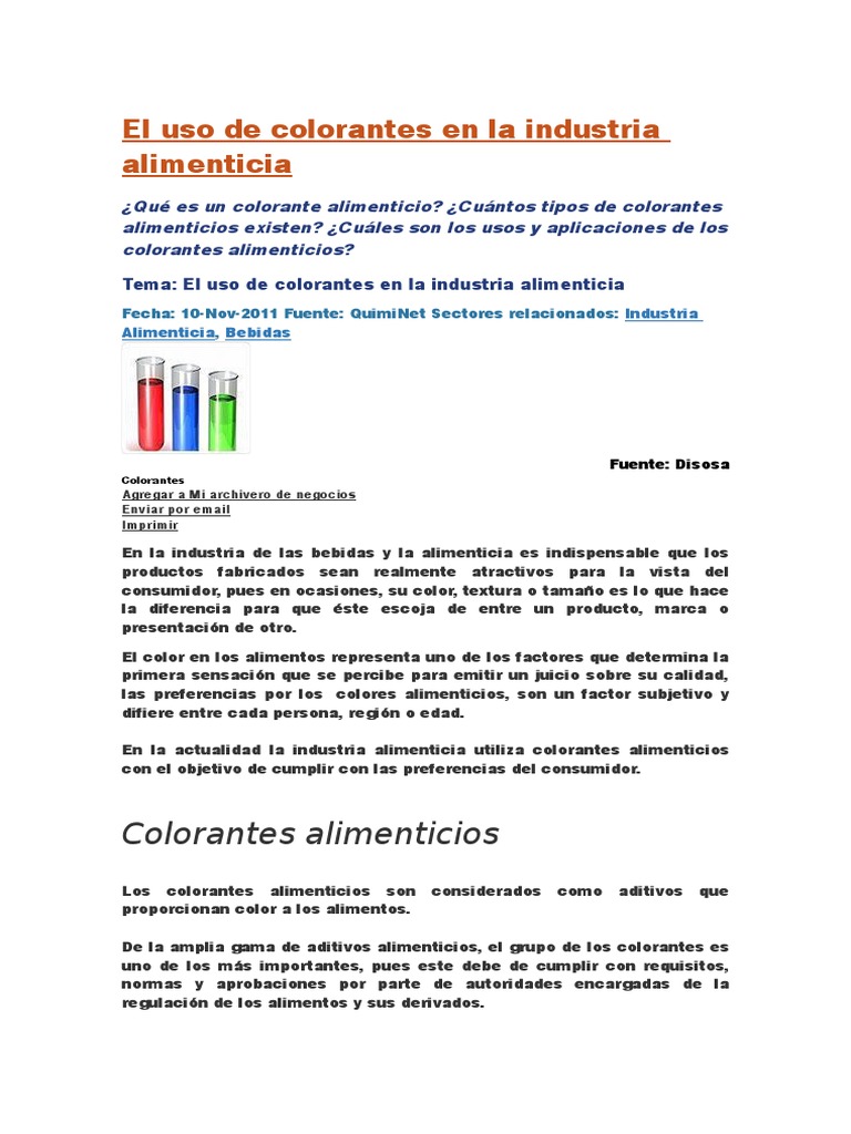 El Uso De Colorantes En La Industria Alimenticia Pdf Alimentos Color