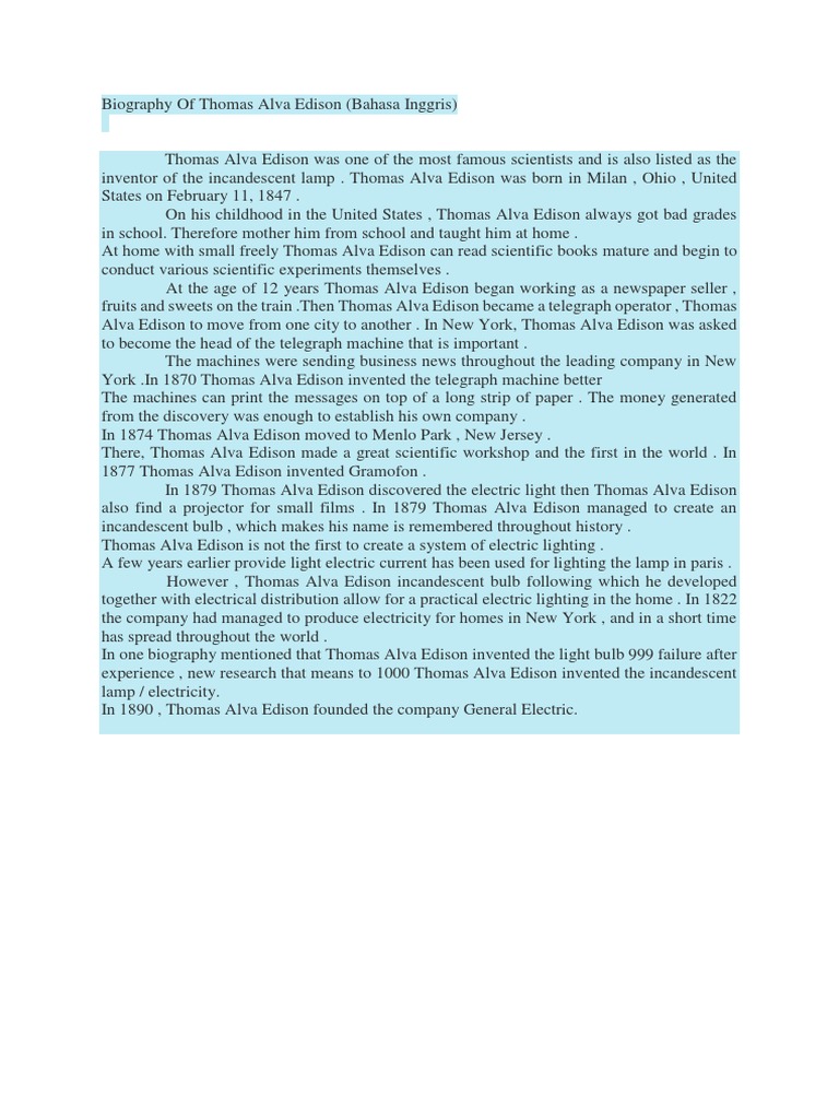 Biography of Thomas Alva Edison | PDF | Thomas Edison | Incandescent ...