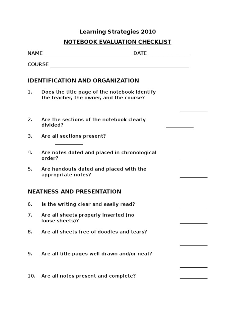 Learning Strategies 2010 Notebook Evaluation Checklist | PDF