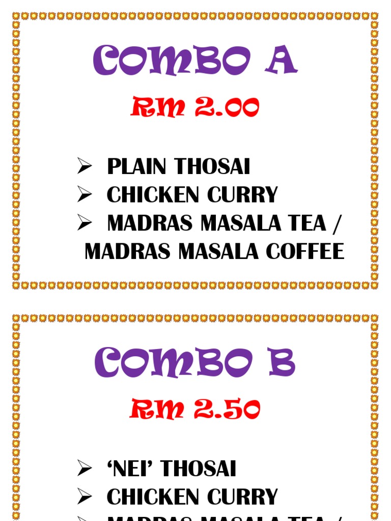 Combo A: Plain Thosai Chicken Curry Madras Masala Tea | PDF