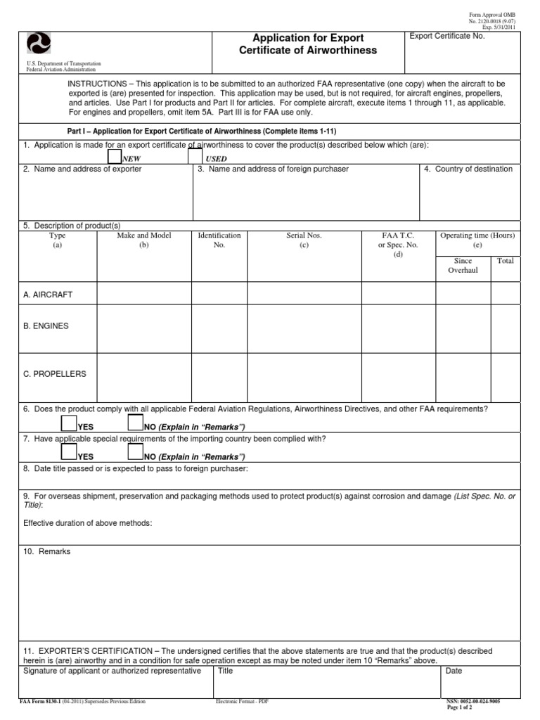 8130.1 Application For Export Certificate of Airworthiness | PDF ...