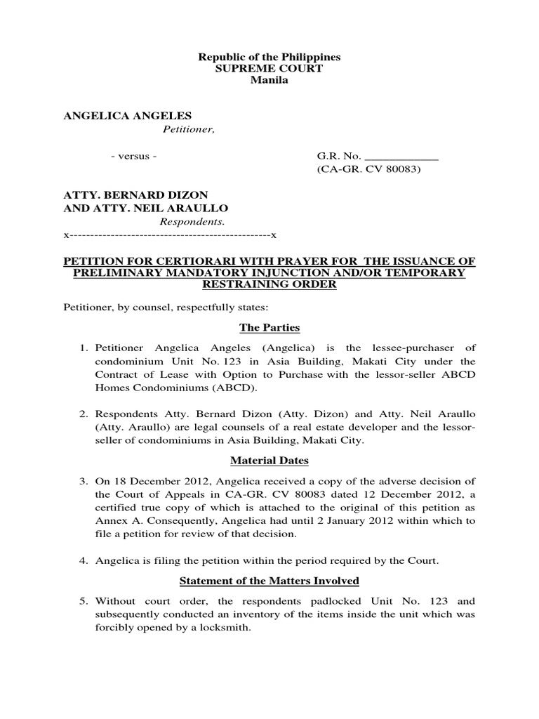 Petition For Certiorari Rule 65 | PDF | Injunction | Dwelling