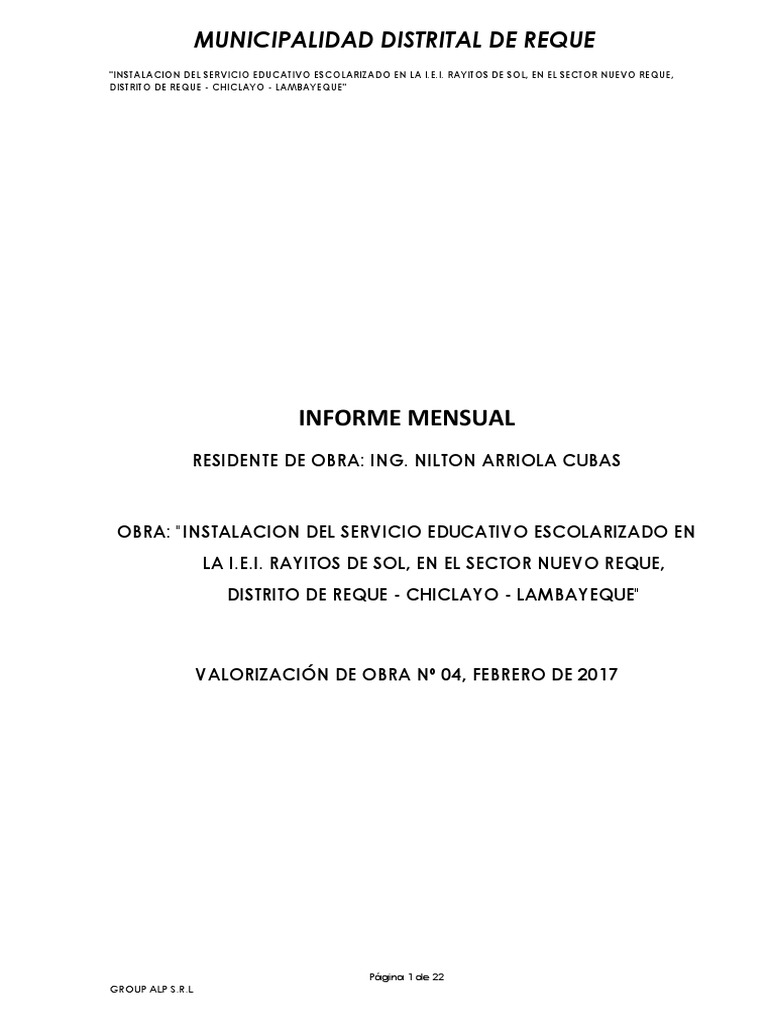 Informe Mensual de Valorizacion de Obra | PDF | Hormigón | Ingeniero civil