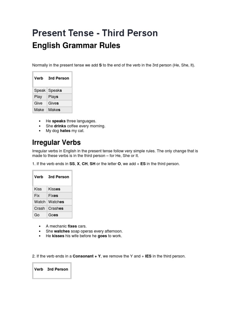 Present Tense - Third Person: English Grammar Rules | PDF