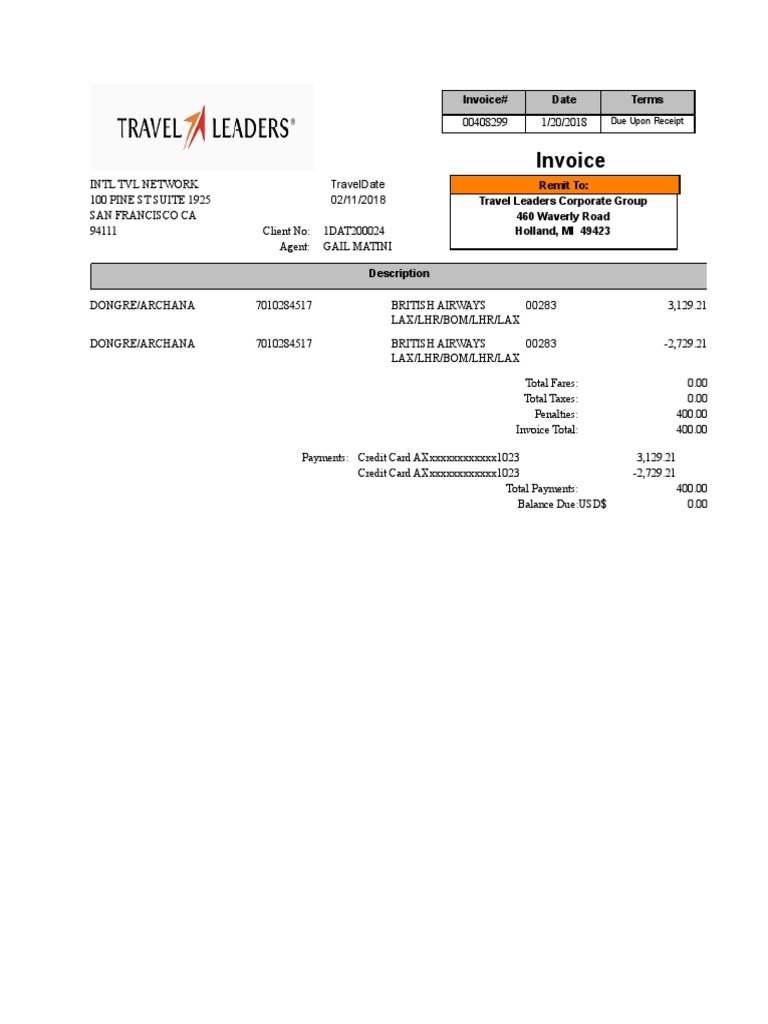 Travel Invoice for British Airways Flight | PDF