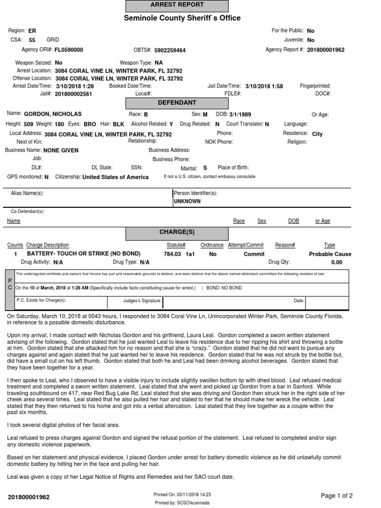 Nicholas Gordon Domestic Battery Arrest | PDF | Arrest | Government ...