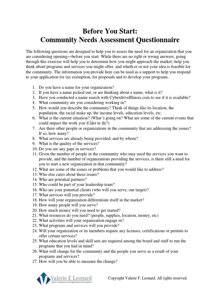 Before You Start: Community Needs Assessment Questionnaire | Needs ...