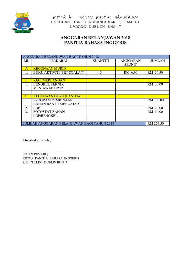 Anggaran Belanjawan Panitia Bi | PDF