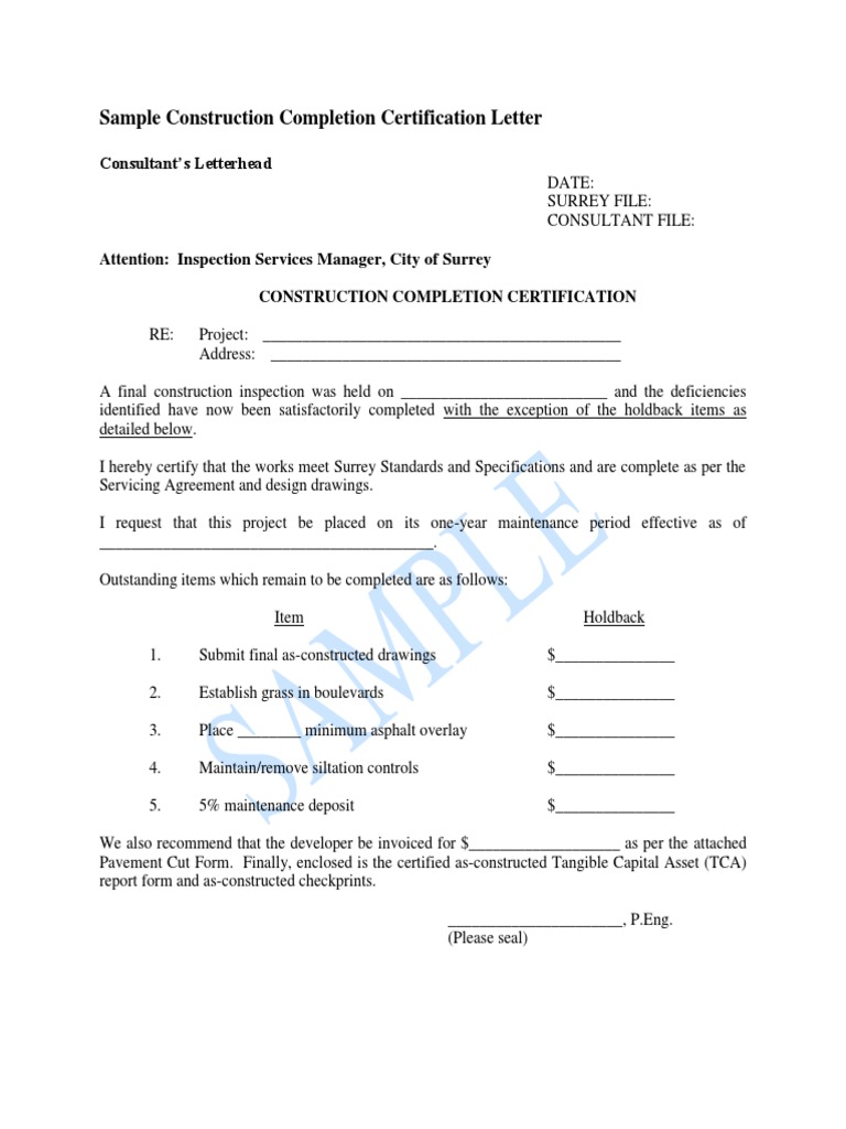 Sample Construction Completion Certification Letter Amended Feb 1 2013 ...