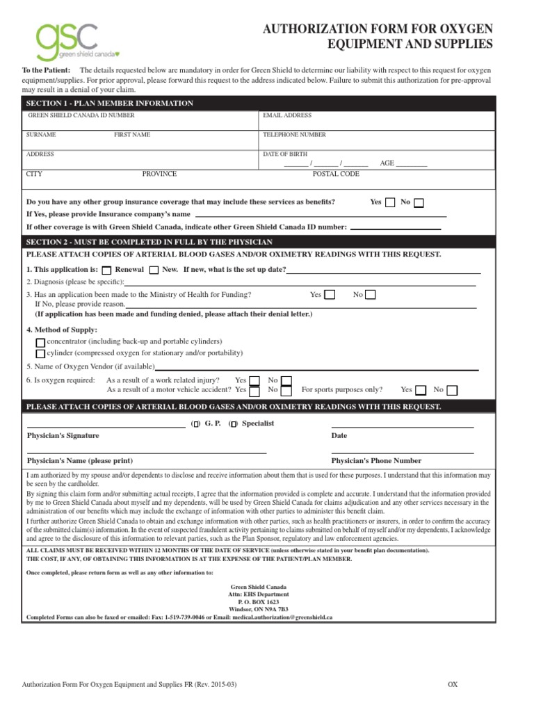 Oxygen Equipment Authorization Form | PDF | Oxygen | Insurance