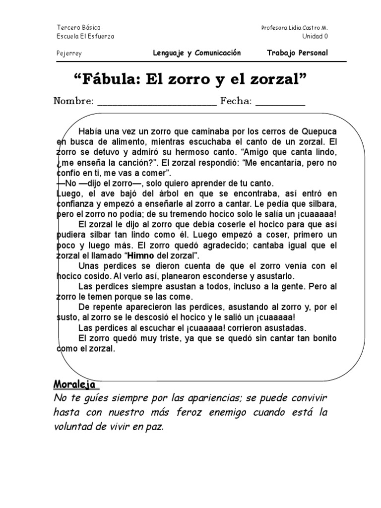 Fabula El Zorro y El Zorzal 1 | PDF | Ocio