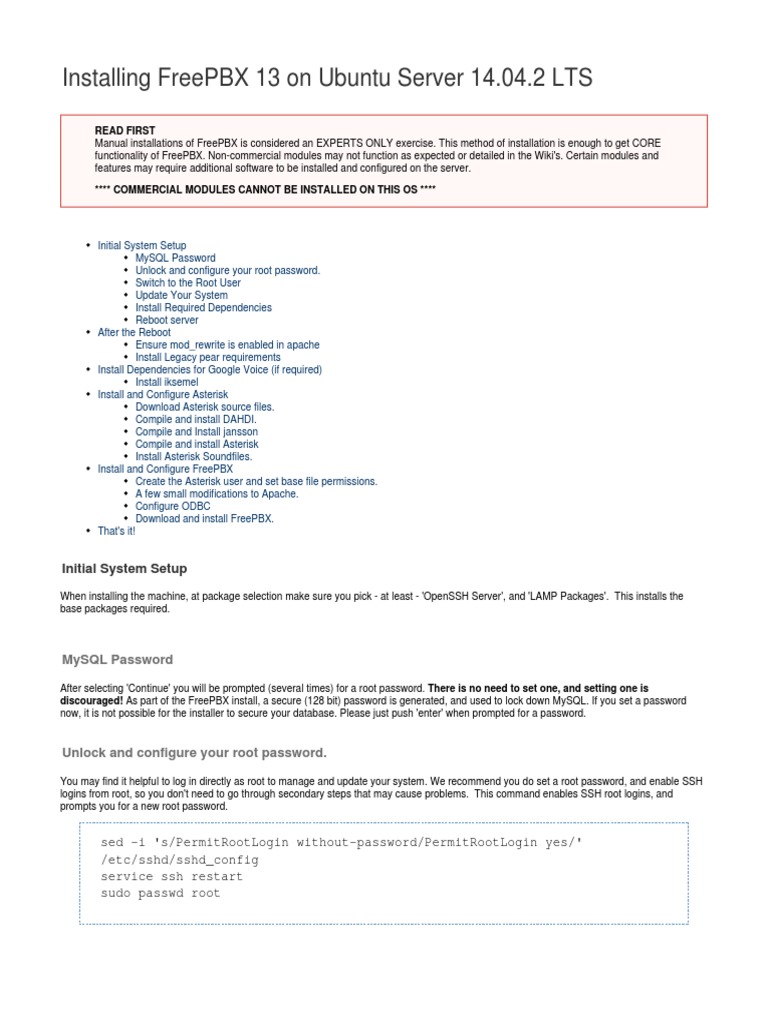 Installing Freepbx 13 On Ubuntu Server 14.04.2 LTS: Read First | PDF | Superuser | My Sql