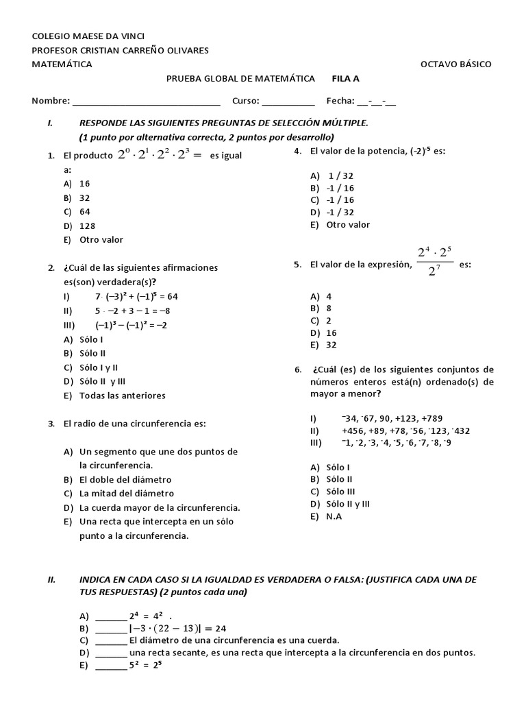 Prueba Global de Octavo Basico | PDF | Circulo | Geometría Elemental