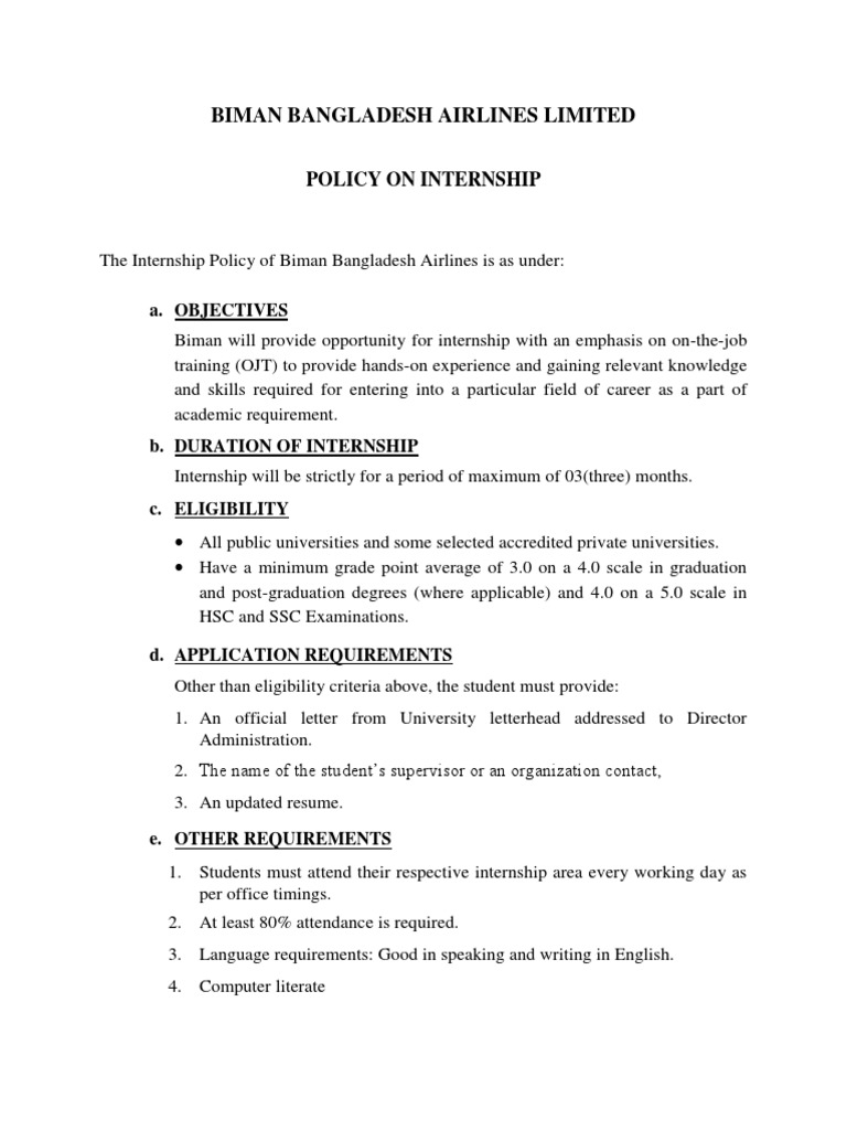 Biman Bangladesh Airlines Limited: Policy On Internship | PDF ...
