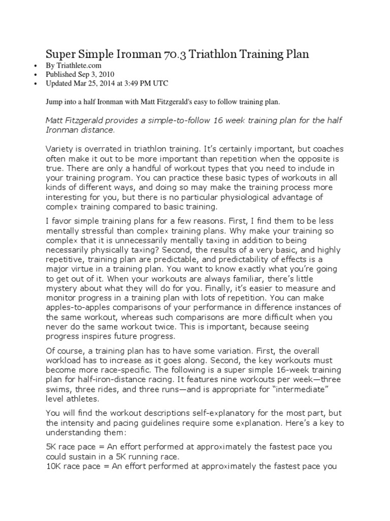 Super Simple Ironman 70.3 Training Plan | PDF | Ironman Triathlon ...