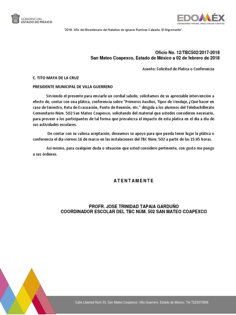 Oficio Platica Primeros Auxilios | PDF | Agitación | Salud y bienestar