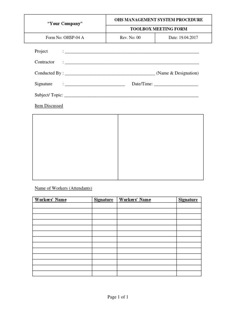 Toolbox Meeting Report Template | PDF