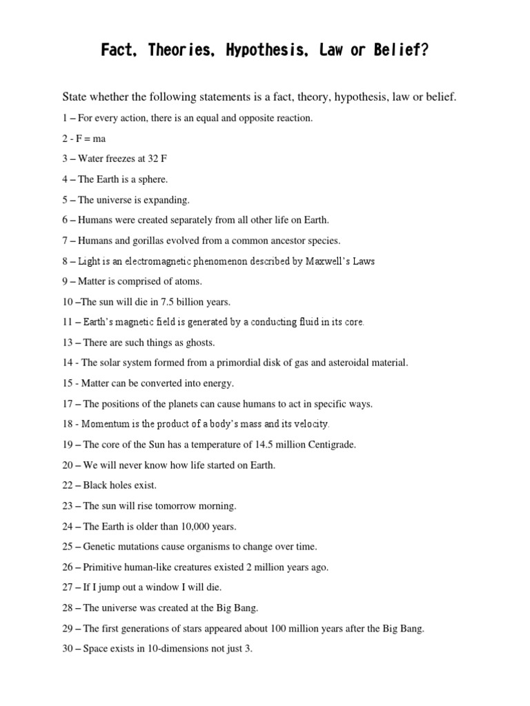 Fact, Theory, Hypothesis, Law or Belief | PDF