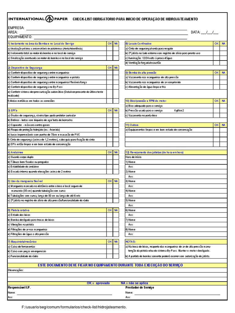 Check List Hidrojateamento | PDF | Science | Tecnologia (geral)