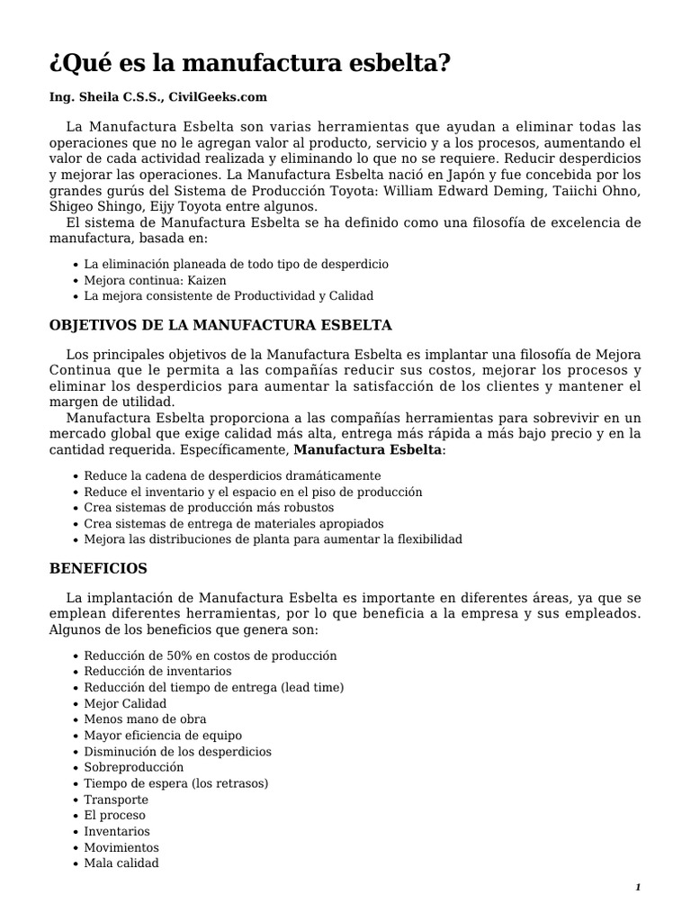 Qué Es La Manufactura Esbelta | PDF | Lean Manufacturing | Calidad (comercial)